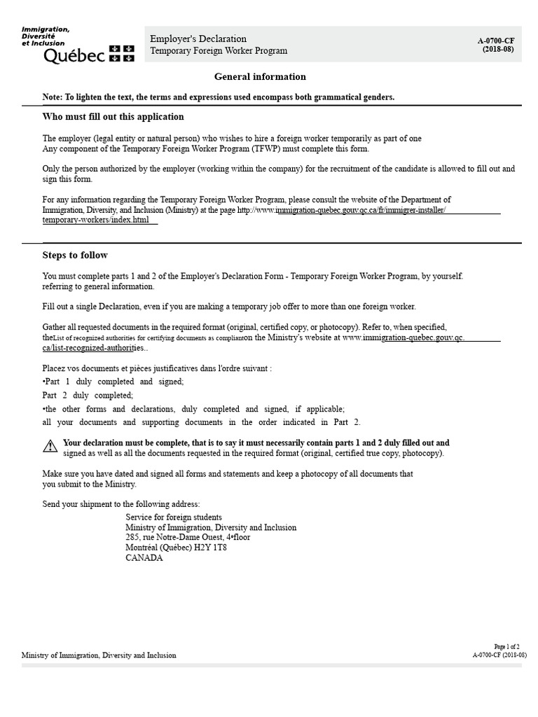Employer's Declaration for TFWP Form | PDF | Employment | Labor