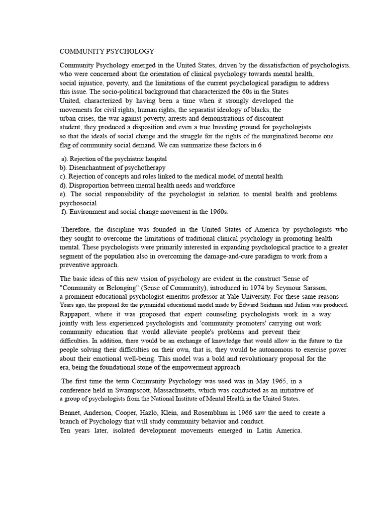 Overview of Community Psychology Principles | PDF | Psychology ...