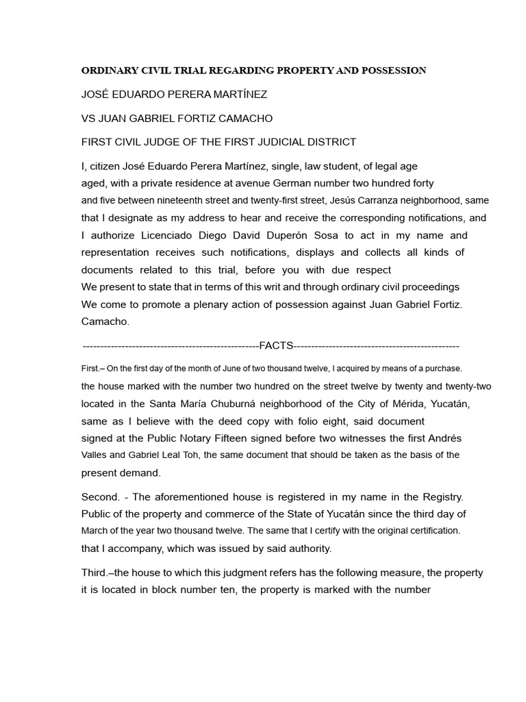 Ordinary Civil Trial Plenary of Property and Possession | PDF | Lawsuit ...