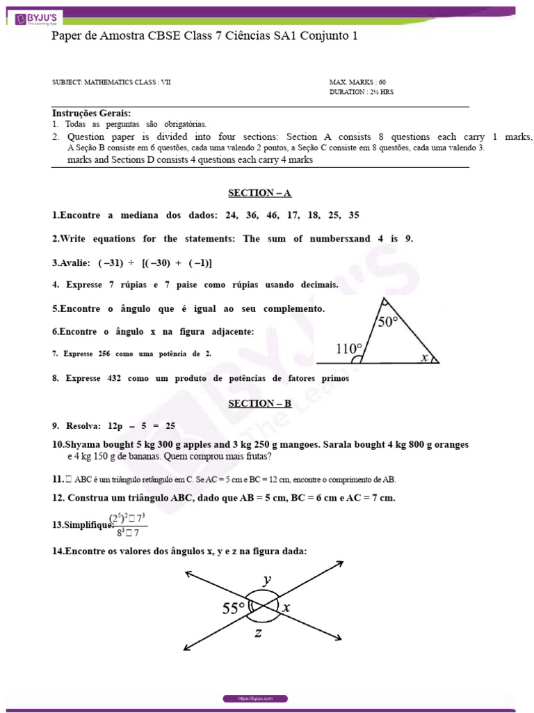 CBSE Amostra Papel Classe 7 Matemática SA1 Conjunto 1 PDF | PDF ...