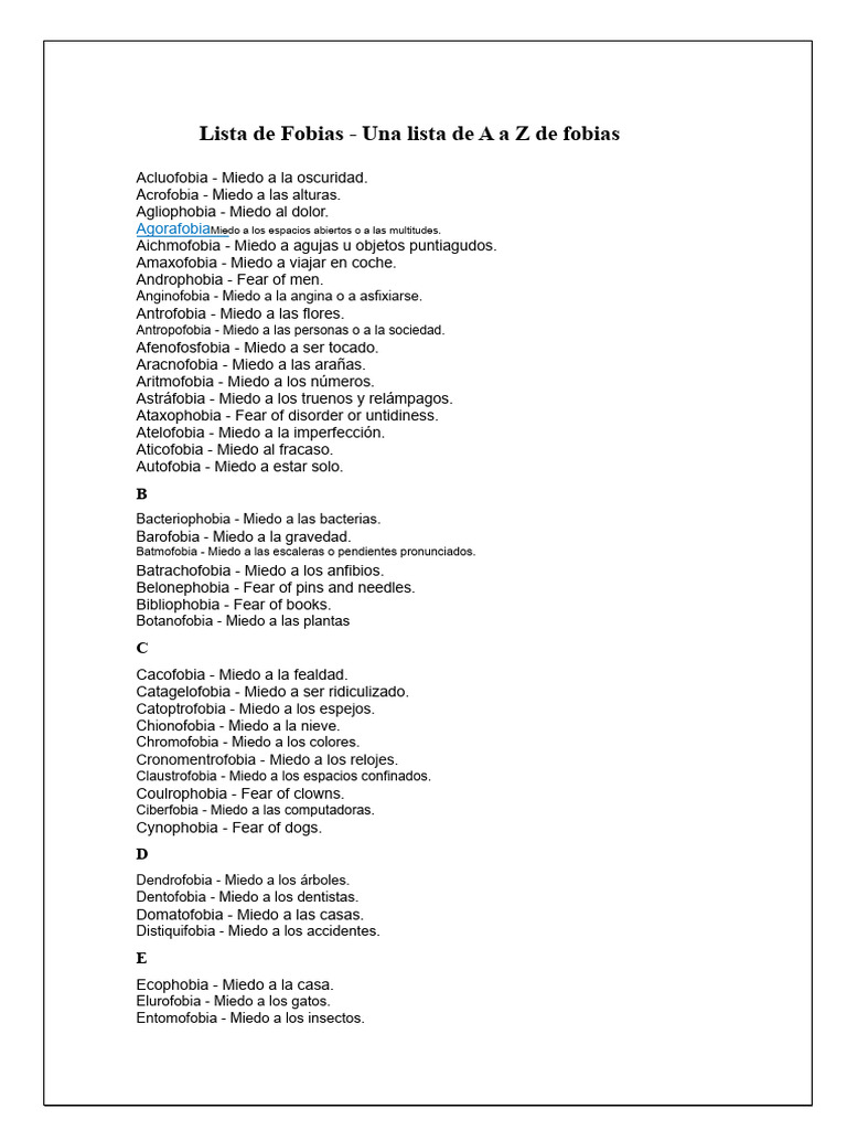 Fobias: Lista A-Z de Miedos Comunes | PDF | Las emociones | Fobia