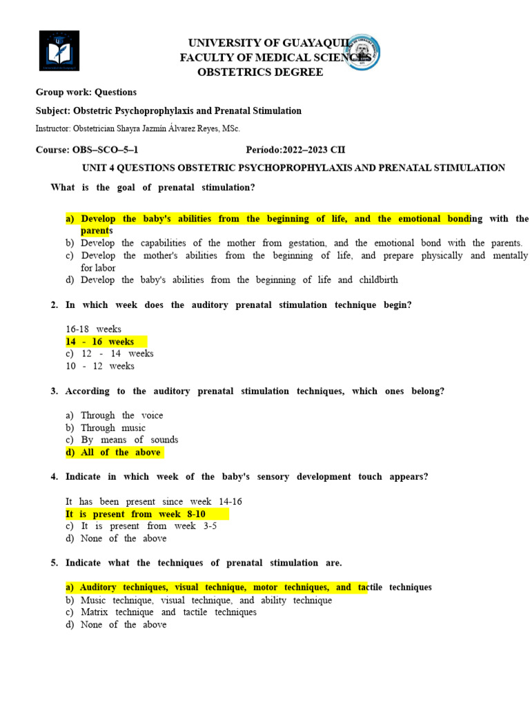 Bank of Questions Obstetric Psychoprophylaxis | PDF | Prenatal ...