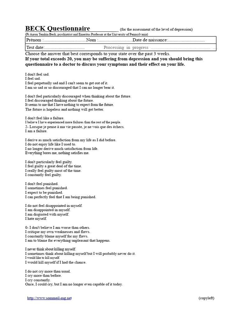 BECK Depression Assessment Questionnaire | PDF | Major Depressive ...