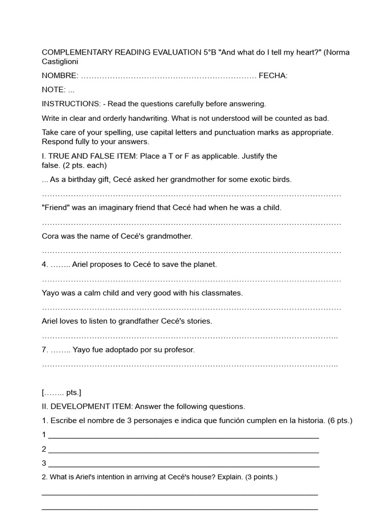 5°B Reading Evaluation: "And What Do I Tell My Heart?" | PDF