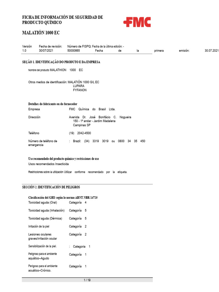 Ficha de Seguridad del Malatión 1000 EC | PDF