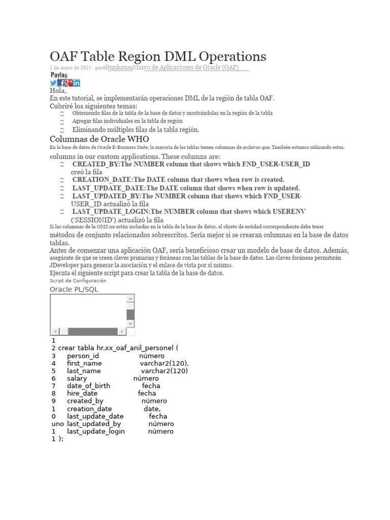 Operaciones DML de La Región de La Tabla OAF | PDF | Java (lenguaje de ...