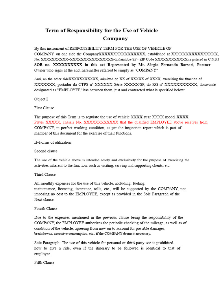 Company Vehicle Usage Responsibility Term | PDF | Employment | Private Law
