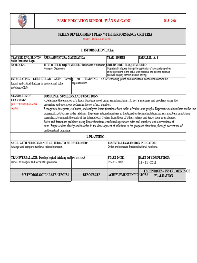 Eighth Grade Math Skills Development Plan | PDF | Numbers | Function ...