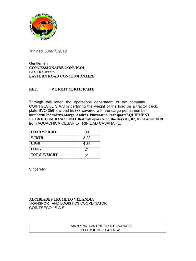 Model Letter For Weight | PDF | Land Vehicles | Motor Vehicle