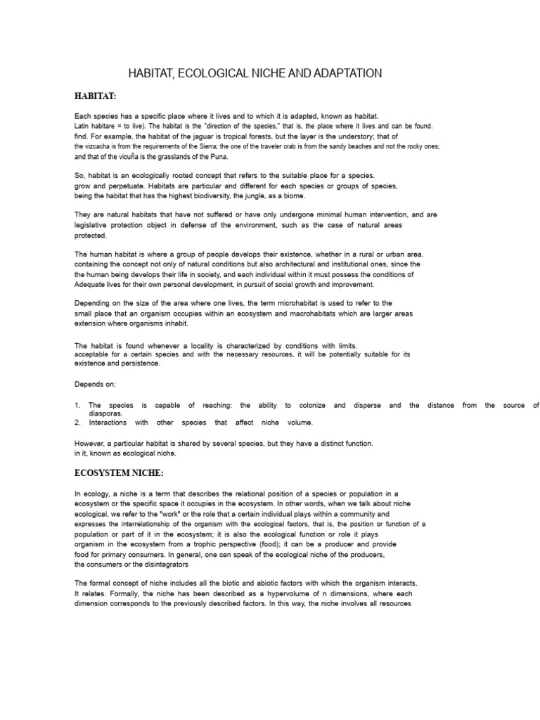 Habitat, Niche, and Adaptation Explained | PDF | Ecological Niche | Ecology