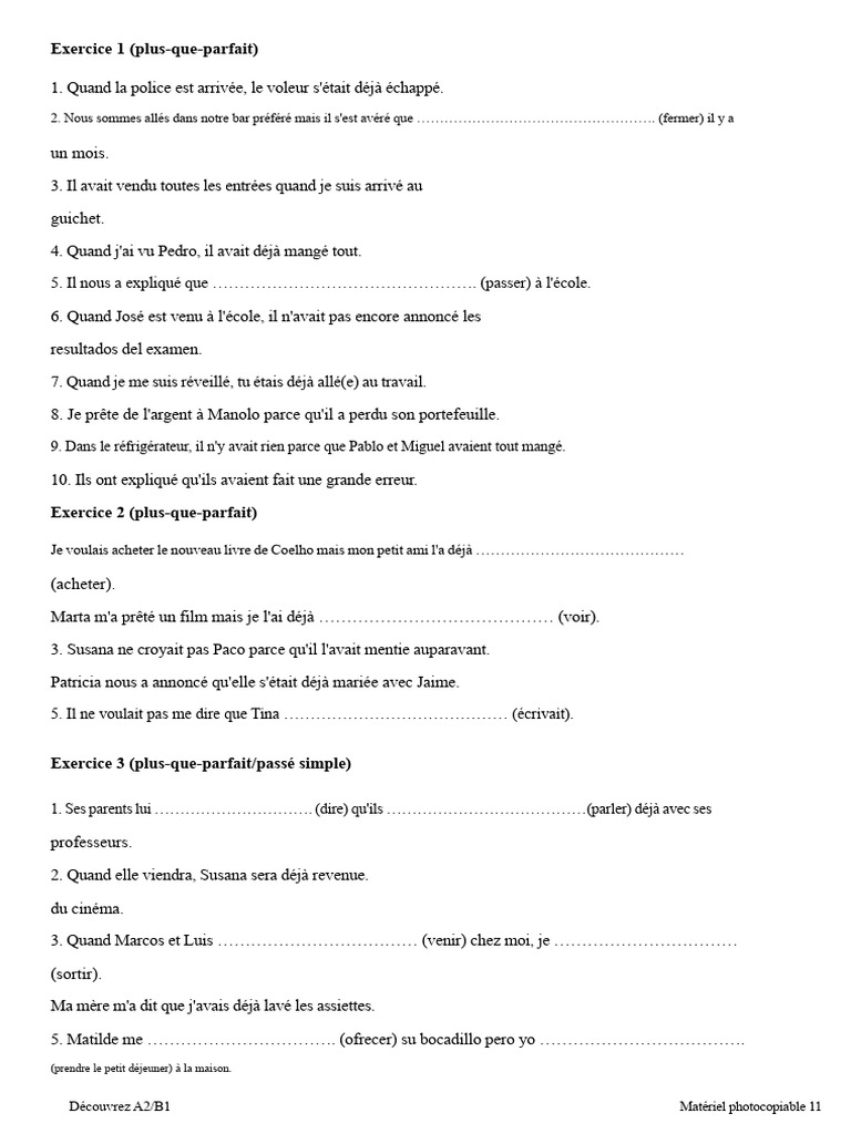 Exercice de plus-que-parfait en français | PDF