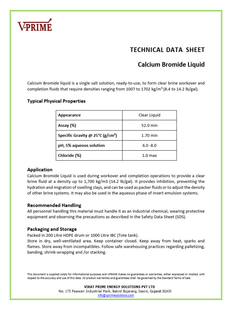 Calcium Bromide Liquid Technical Data Sheet | PDF
