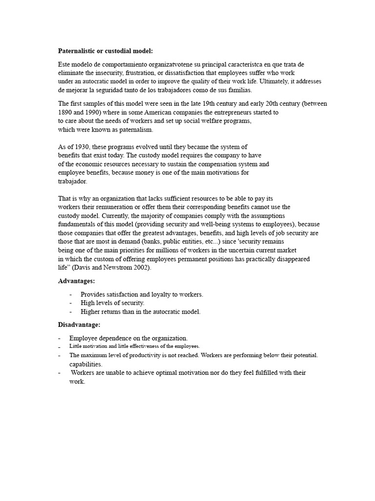 Paternalistic vs. Supportive Management Models | PDF | Leadership ...