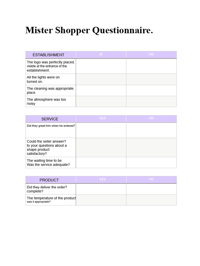 Mister Shopper Questionnaire | PDF