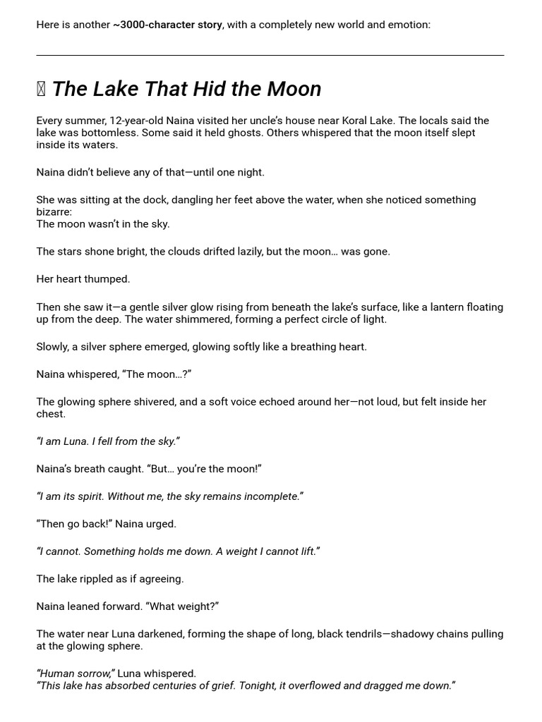 The Lake That Hid The Moon: 3000-Character Story | PDF