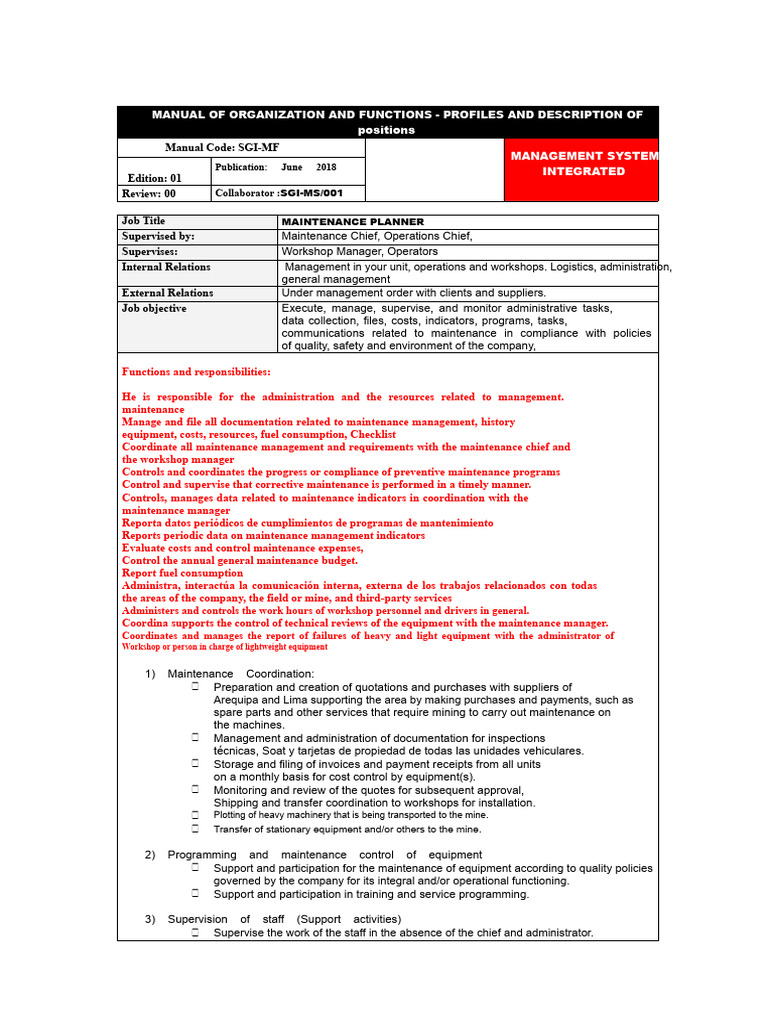 Maintenance Planner Job Description Guide | PDF | Business