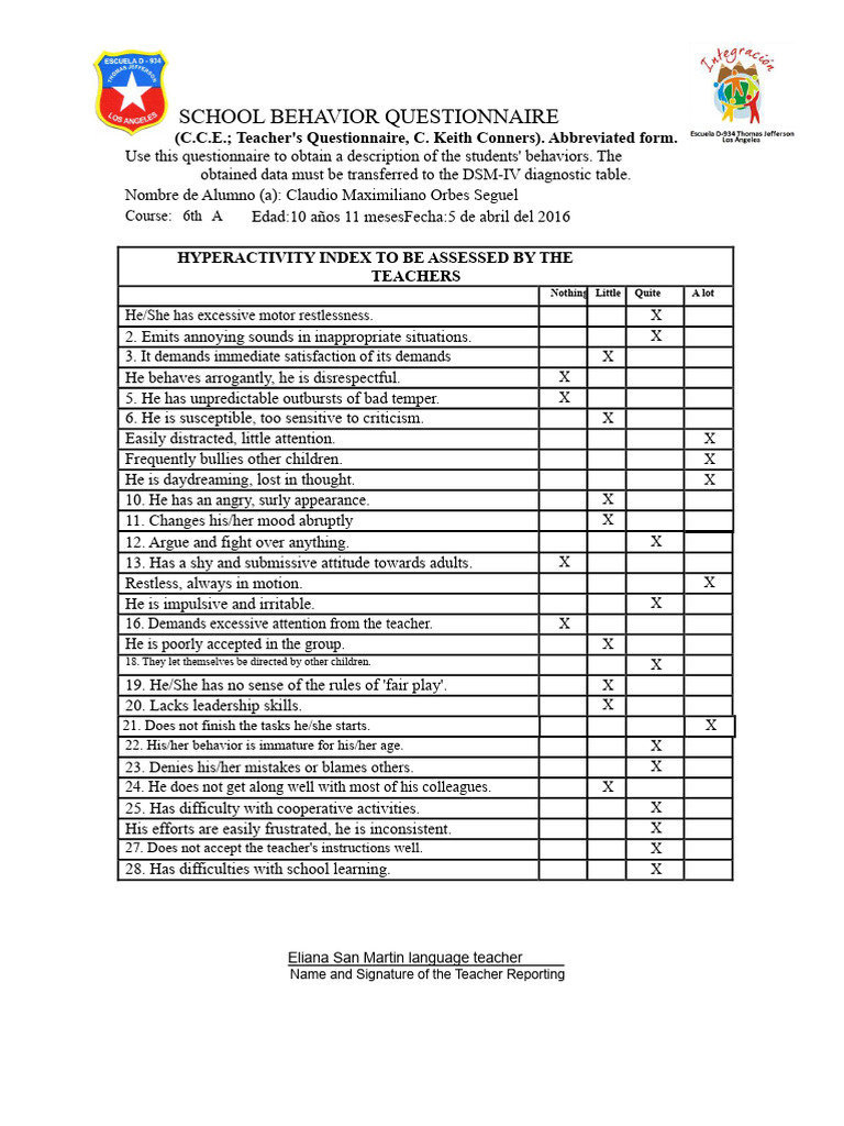 School Behavior Questionnaire for ADHD Assessment | PDF | Attention ...