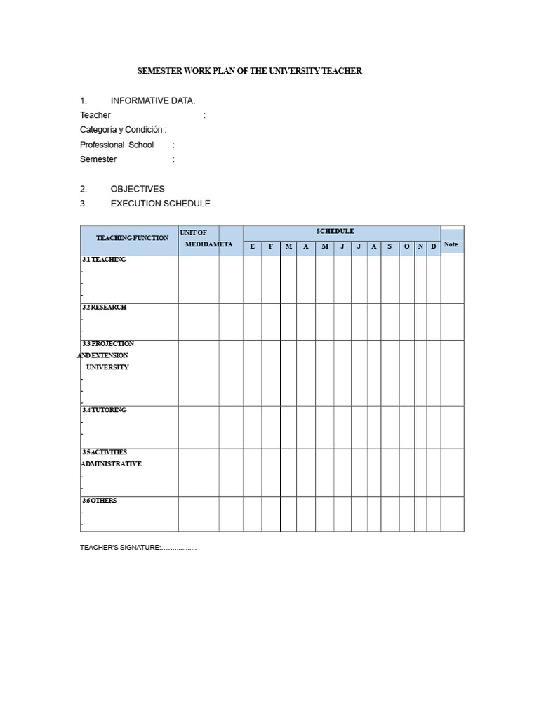 Semester Work Plan of The University Teacher | PDF