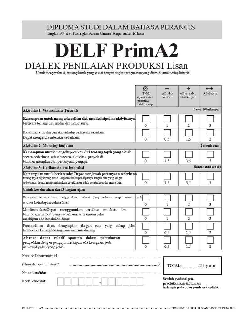 Penilaian Produksi Lisan DELF Prim A2 | PDF