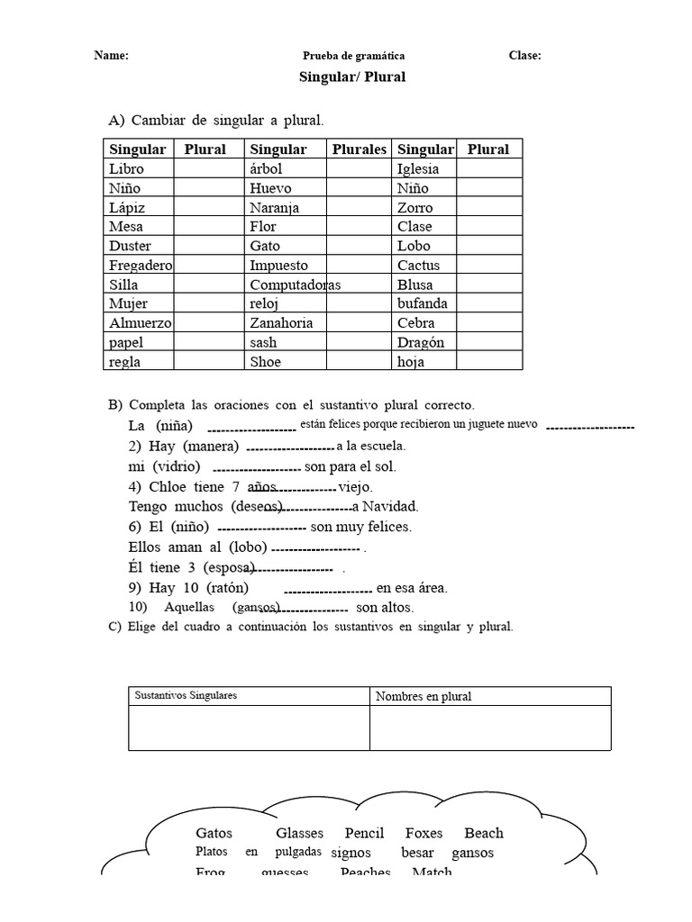 Prueba de Gramática - Singular-Plural | PDF