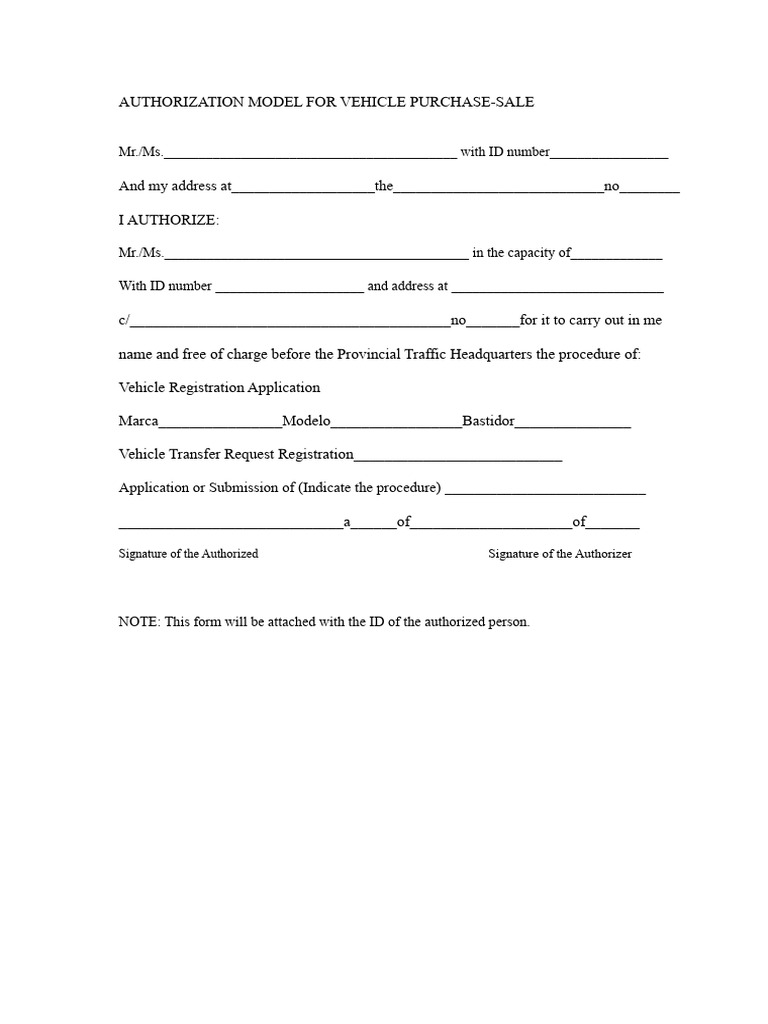 Vehicle Purchase-Sale Authorization Form | PDF