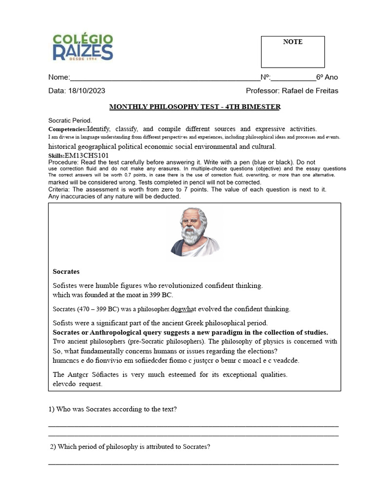Monthly Philosophy Test - 6TH Grade - 4TH Bimester - Teacher Rafael de ...