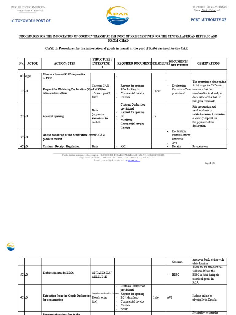 Import Procedures For Goods in Transit To The CAR and Chad | PDF