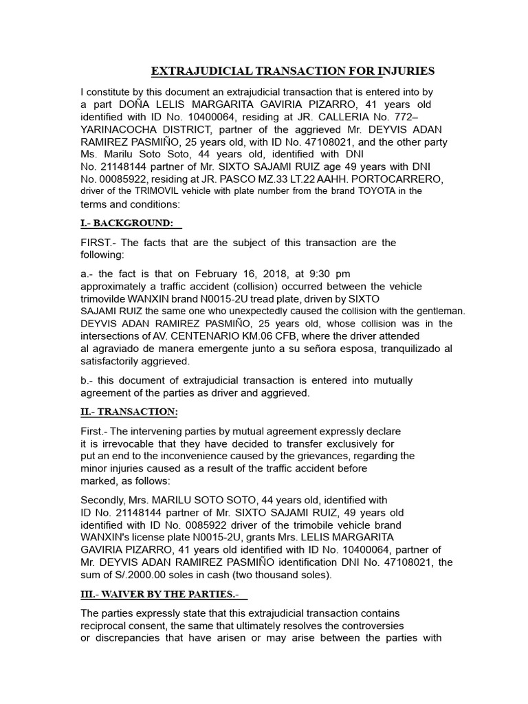 Extrajudicial Settlement for Traffic Injury | PDF | Jurisdiction ...
