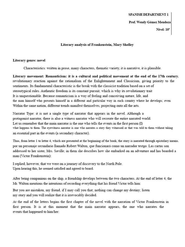 Literary Analysis of Frankenstein | PDF | Frankenstein | Romanticism