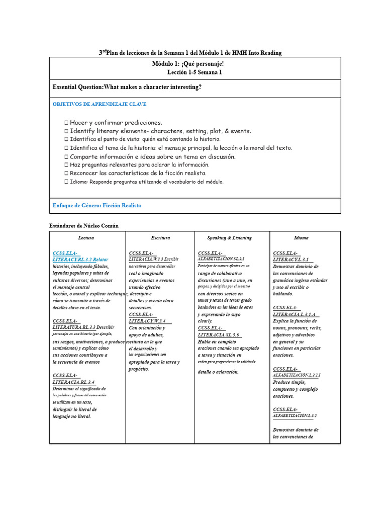 Plan de Lecciones HMH: Módulo 1 Semana 1 | PDF | Escritura | Lingüística