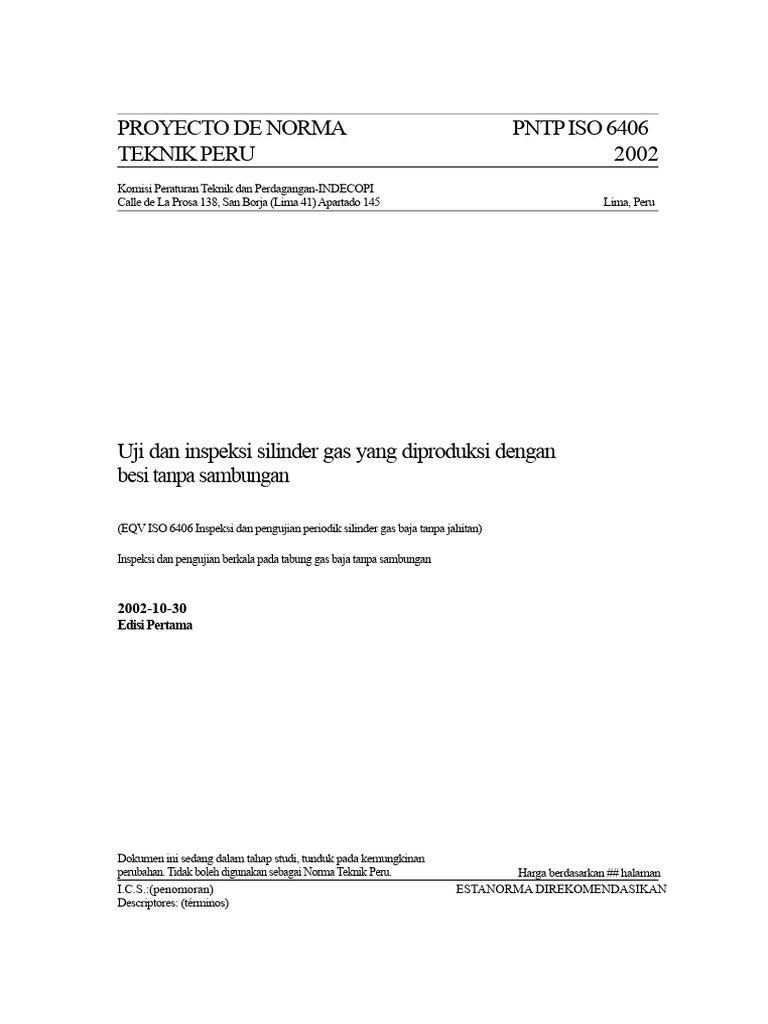 NTP 399.705 Inspeksi Dan Pengujian Silinder Gas TANPA SUTRA | PDF