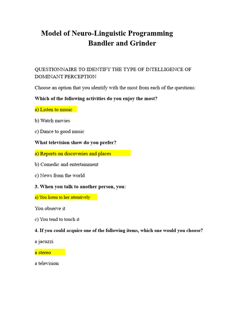 Model of The Neuro-Linguistic Programming by Bandler and Grinder | PDF ...