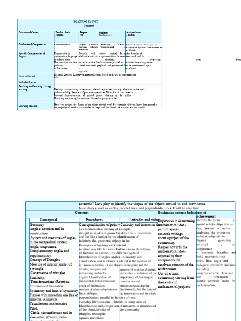 Geometry Unit Plan for 4th Grade | PDF | Geometry | Mathematics