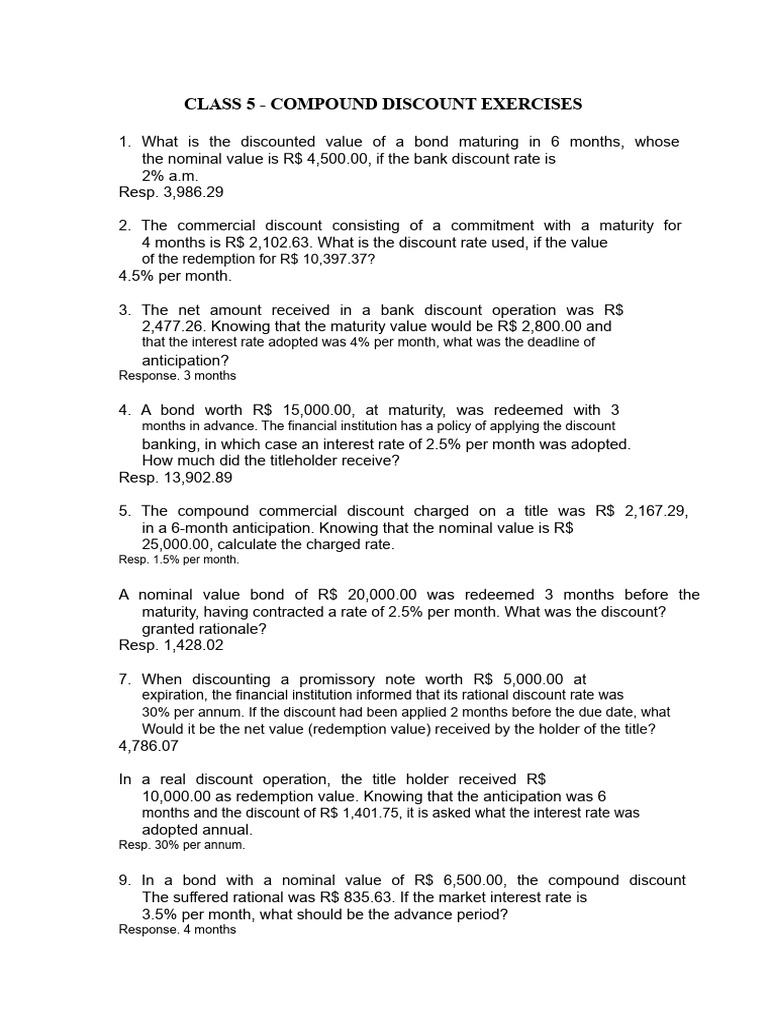 Exercises - Class 5 - Compound Discount | PDF | Discounting | Interest ...