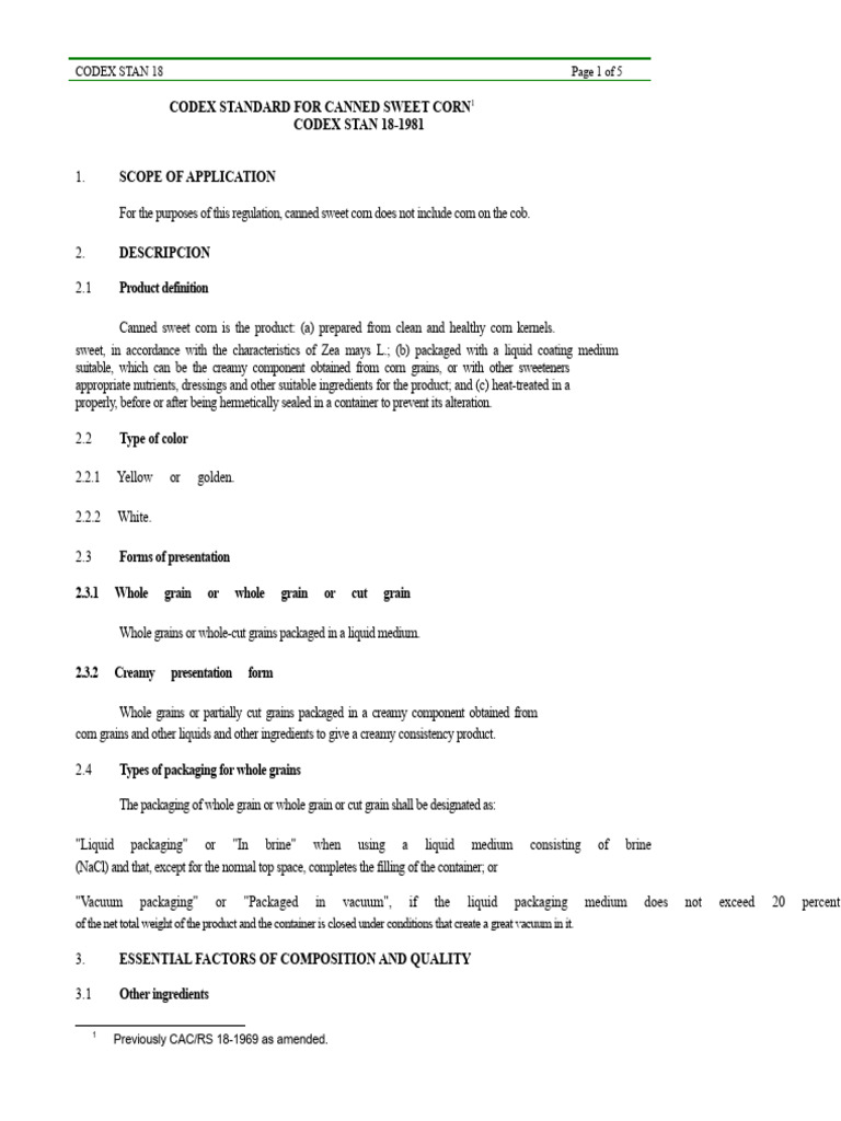 Codex Standard for Canned Sweet Corn | PDF | Maize | Starch