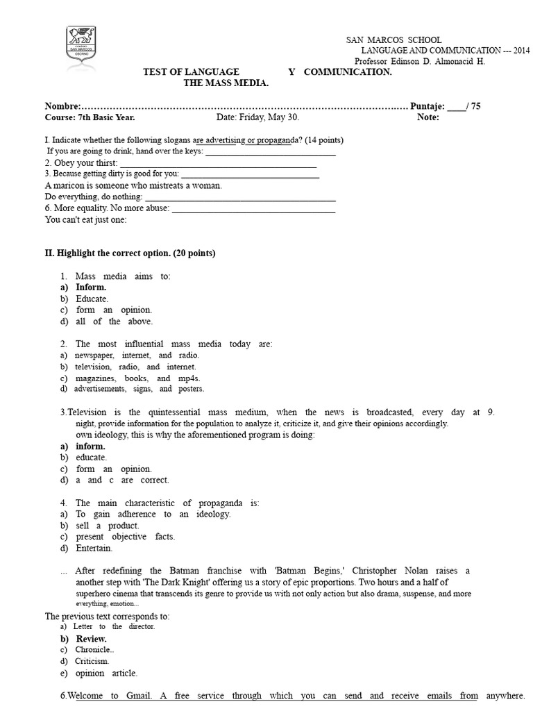 Language and Communication Test 2014 | PDF | Communication | Mass Media