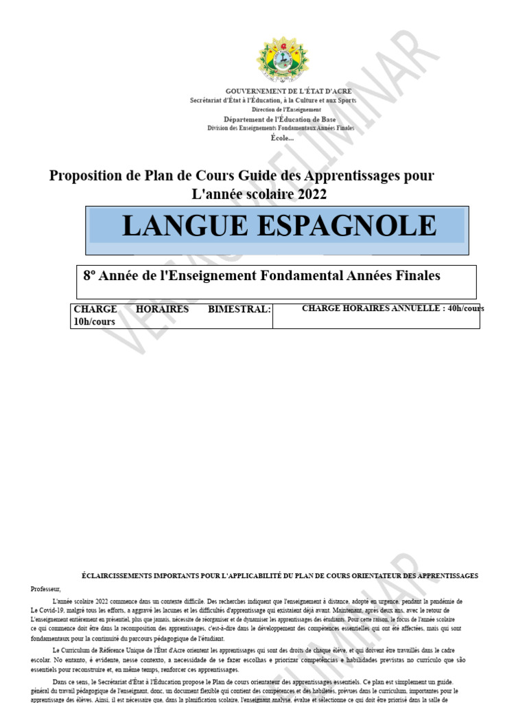 Plan de Cours Espagnol 8º Année 2022 | PDF | Apprentissage | Blog