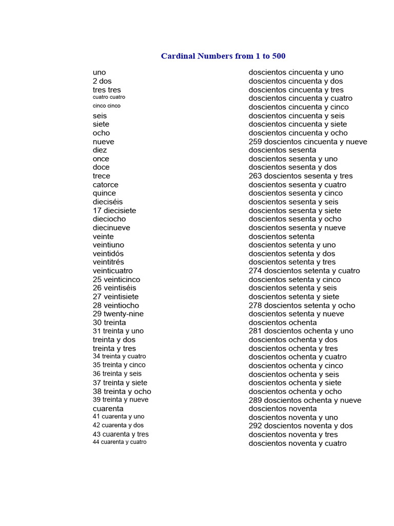 Números Cardinales Del 1 Al 500 | PDF