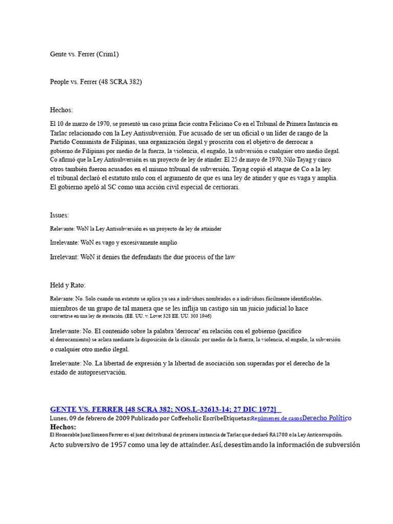 Caso Digest de People Vs Ferrer | PDF | Libertad de expresión | Fiscal