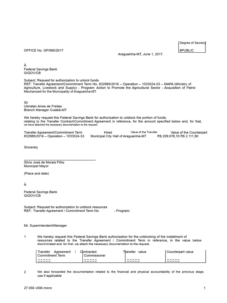 Official Letter No. 065.2017. Request For Unblocking Authorization | PDF