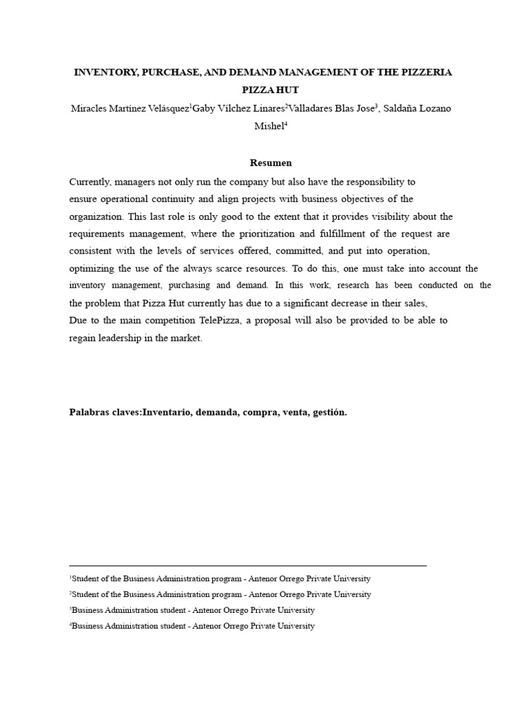 Inventory Management, Purchasing and Demand of The Pizza Hut Pizzeria ...
