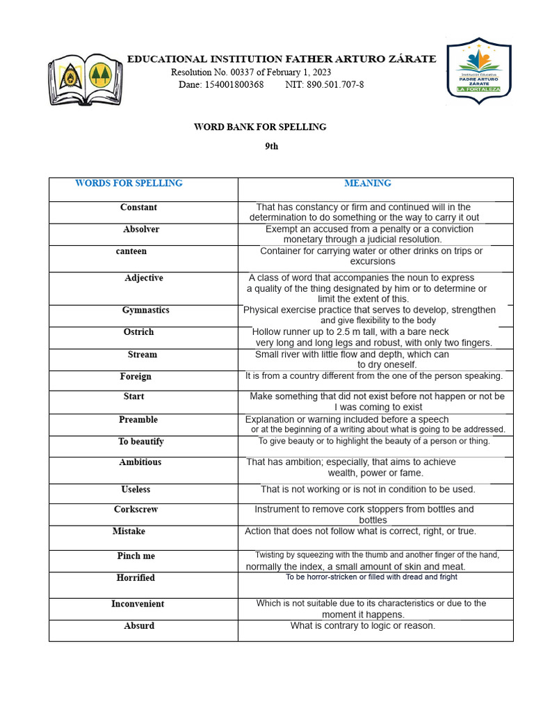 Word Bank For Spelling Grade 9 | PDF | Linguistics