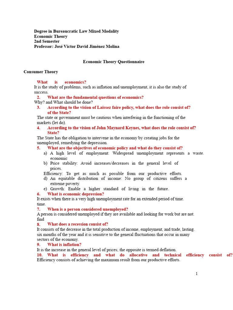 Economic Theory Questionnaire Overview | PDF | Demand | Economics