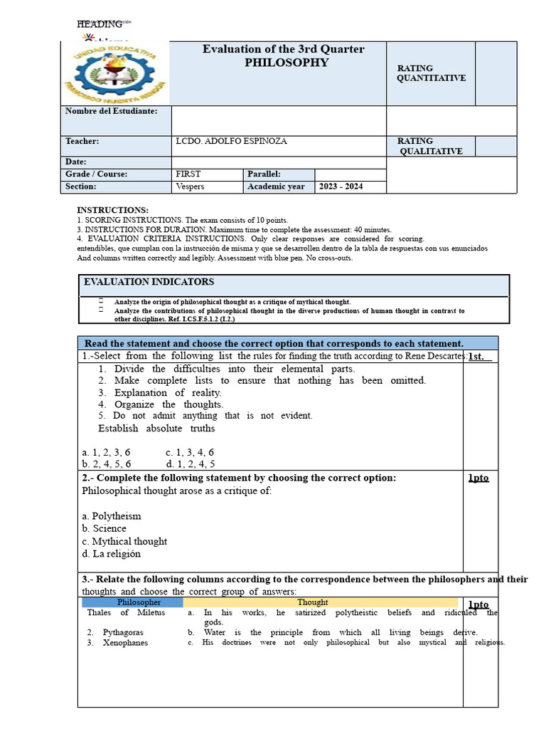 Evaluation 3rd Quarter (1st BGU) | PDF | Truth | Thought