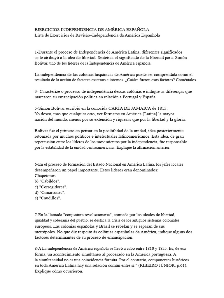 Ejercicios Independencia de América Española | PDF | America latina ...
