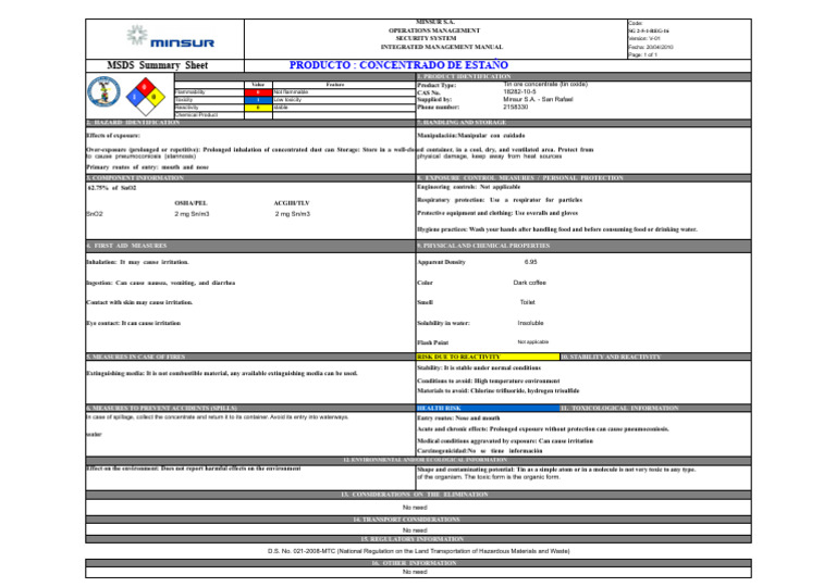 Information MSDS of Tin Concentrate Minsur | PDF | Occupational Safety ...