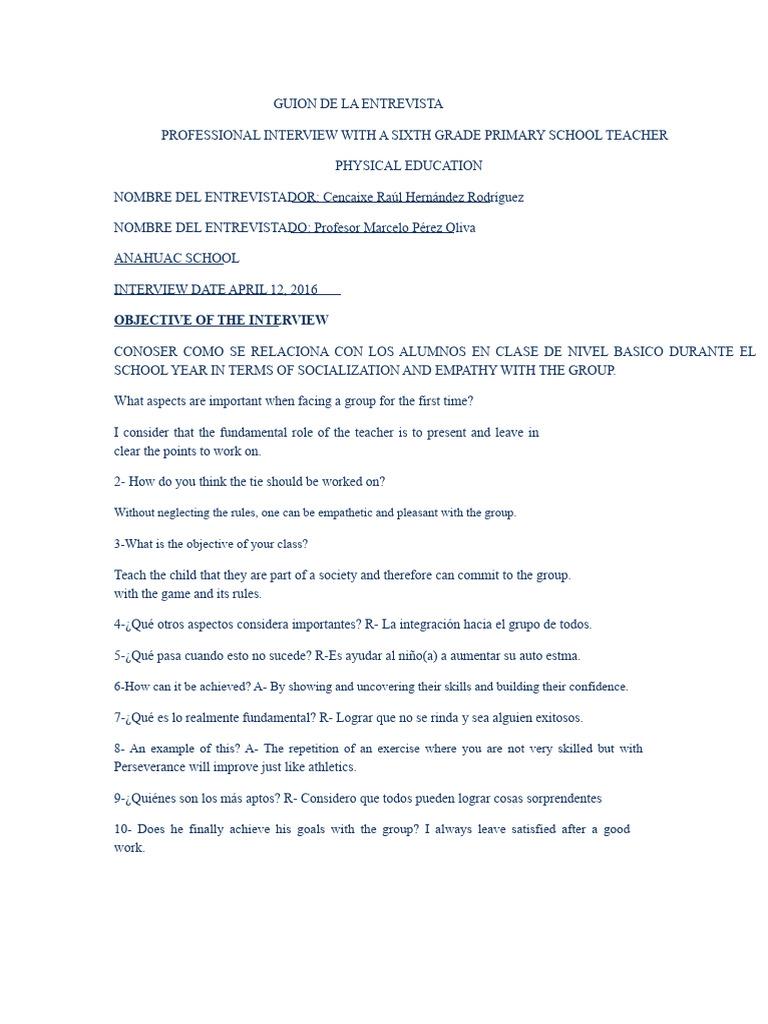 Script For The Interview Master Sixth Grade of Primary School | PDF