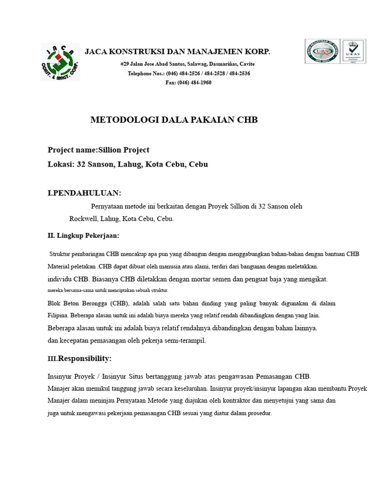 Metodologi Pemasangan CHB untuk Proyek Sillion | PDF