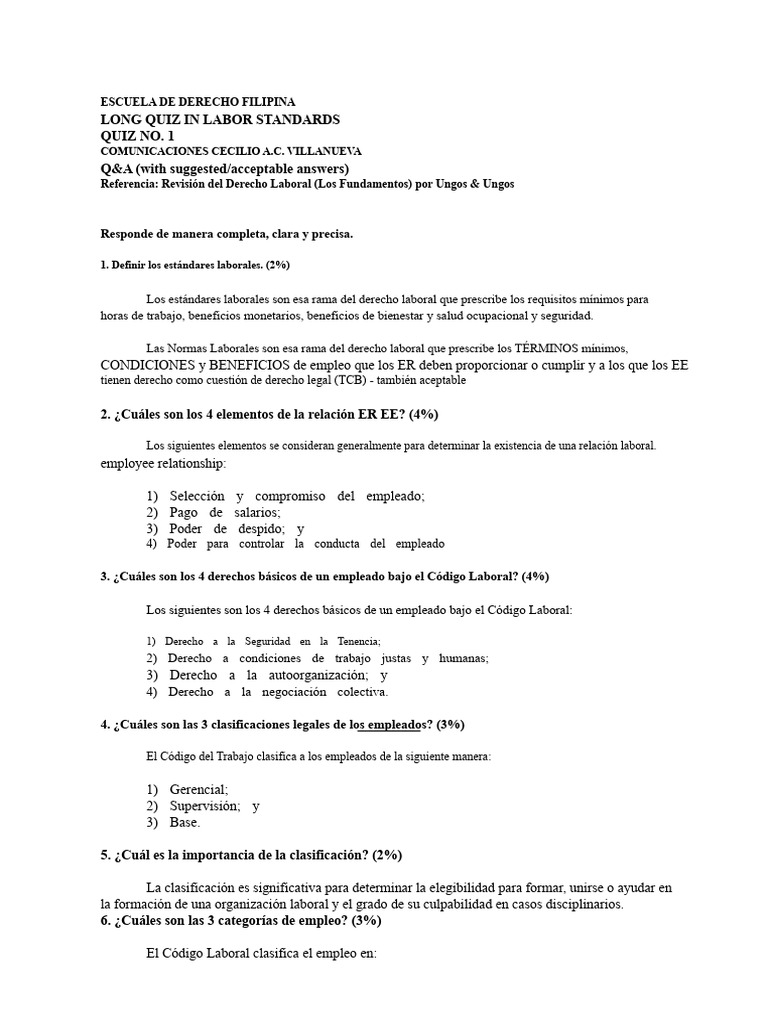Quiz Laboral: Estándares y Derechos EE-ER | PDF | Derecho laboral | Salario