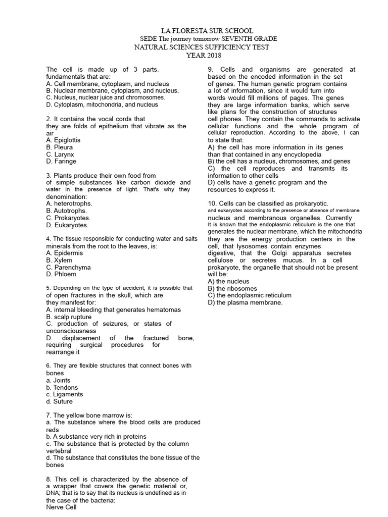 Icfes Type Tests Seventh Biology | PDF | Cell (Biology) | Cell Nucleus